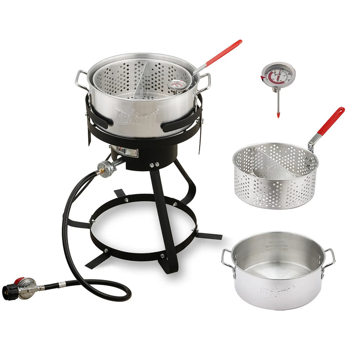 10 Qt Aluminum Outdoor Propane Gas Fish Fryer Pot Kit with Strainer Ba ...